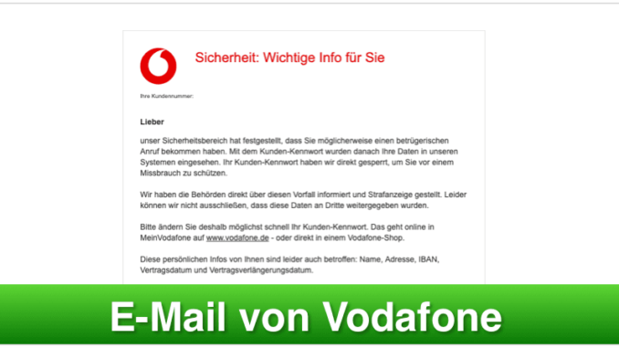 Vodafone: E-Mail "Sicherheit: Wichtige Info für Sie" zu Datenmissbrauch