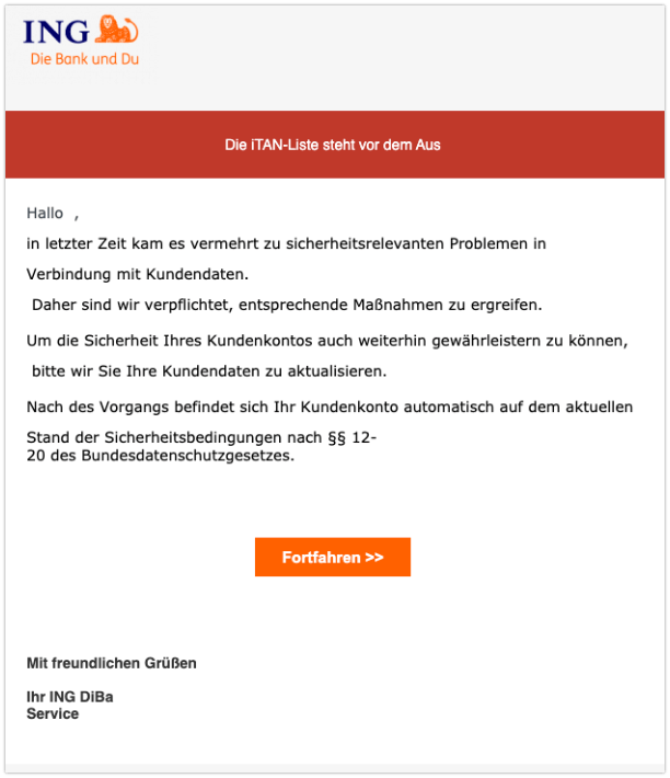 ING DiBa E-Mail: Wichtige informationen zu ... ist Phishing