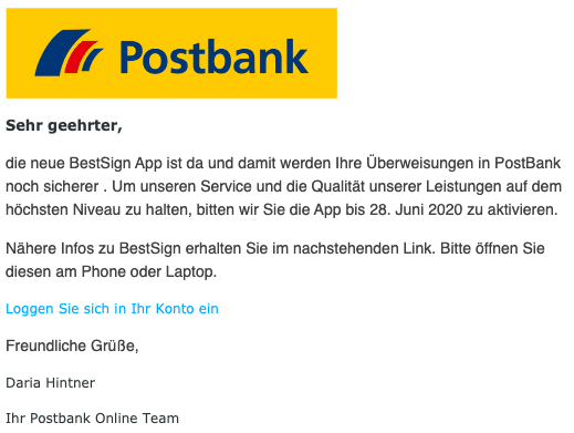 Vorsicht Phishing: Gefälschte E-Mail im Namen der Postbank